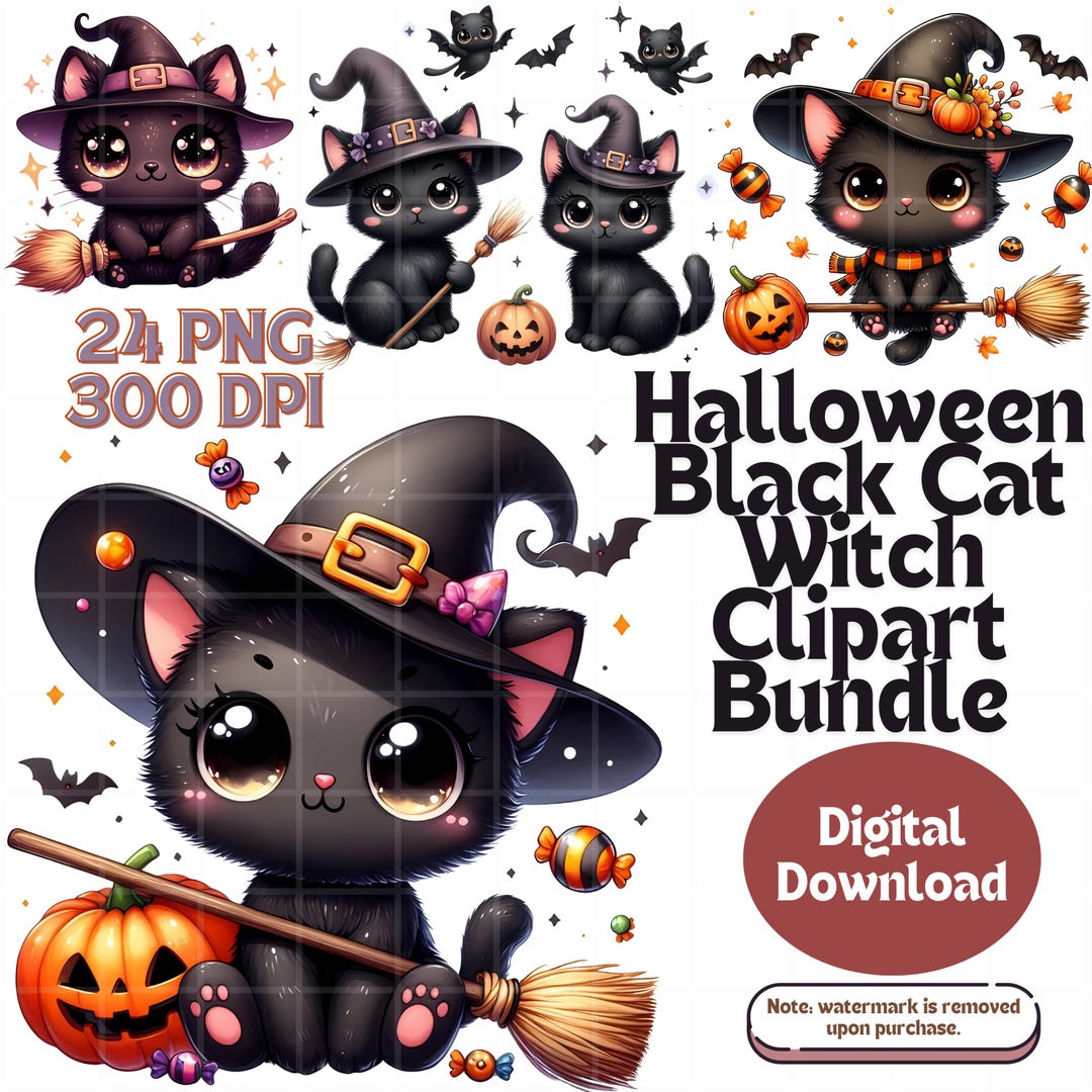 Halloween Kawaii Black Cat Witch Clipart Bundle of 24 PNG 300DPI Spooky ...