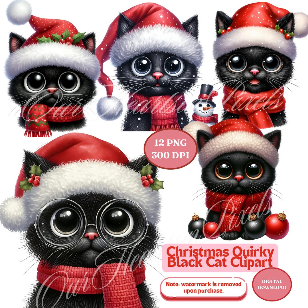 Christmas Funny Quirky Black Cat Clipart Bundle 12 PNG | Playful ...