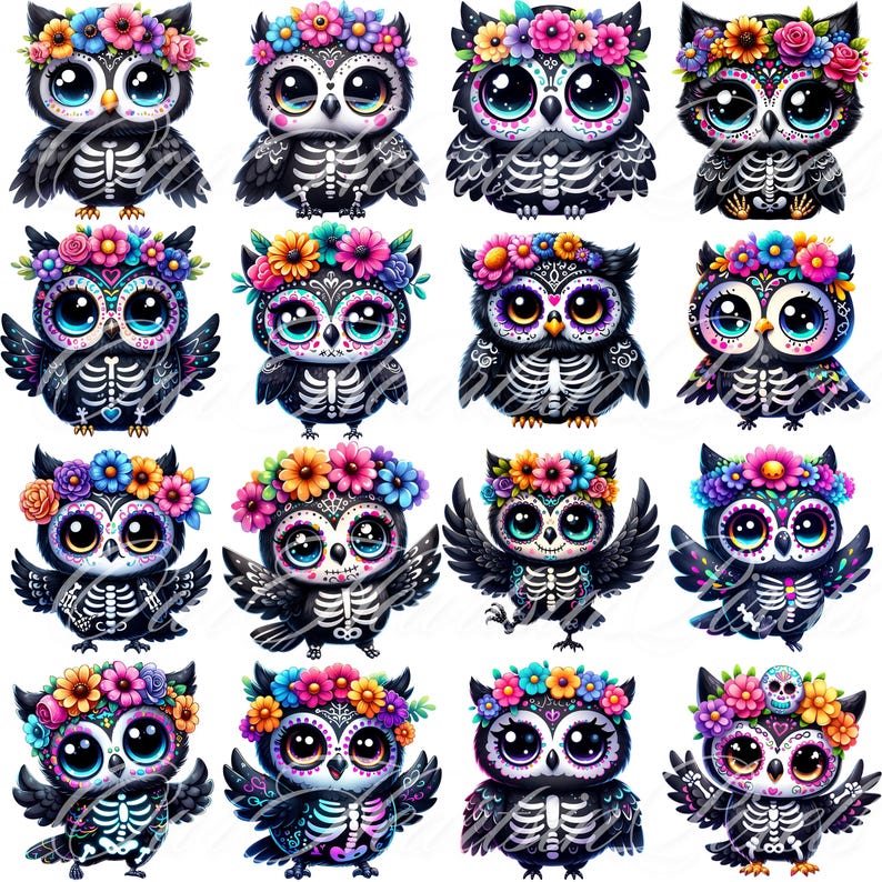 Black Owl Day of the Dead Clipart Bundle | Sugar Skull Owl PNG | Dia De ...