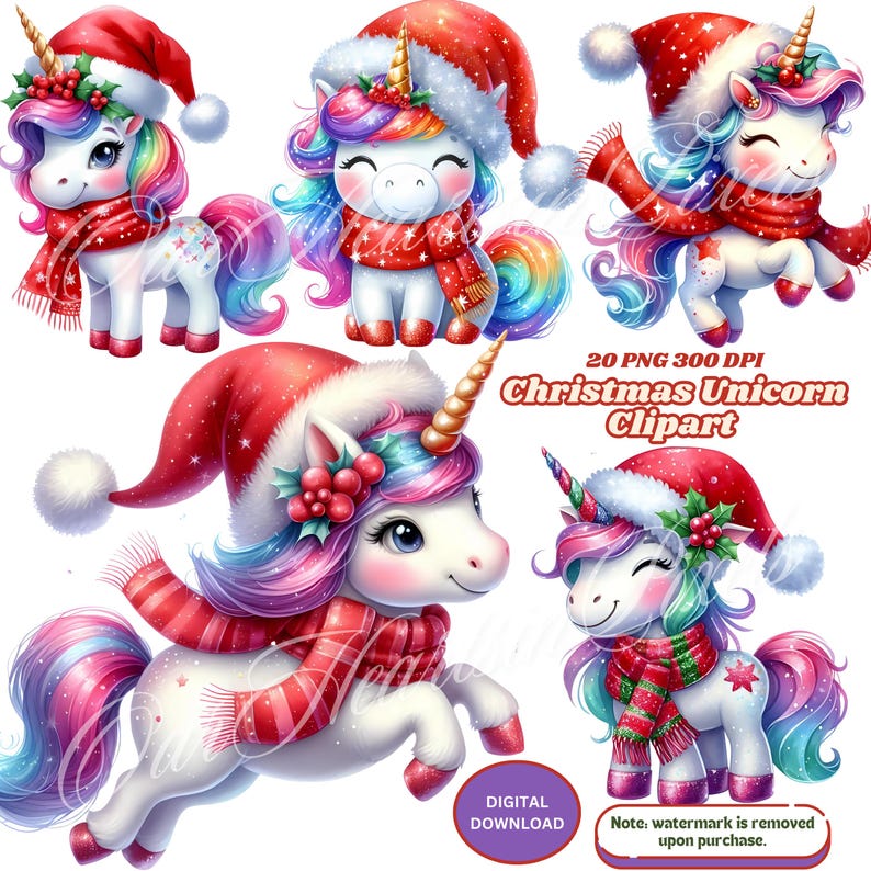 Cute Christmas Unicorn Clipart Bundle 20 PNG Adorable Holiday Designs ...
