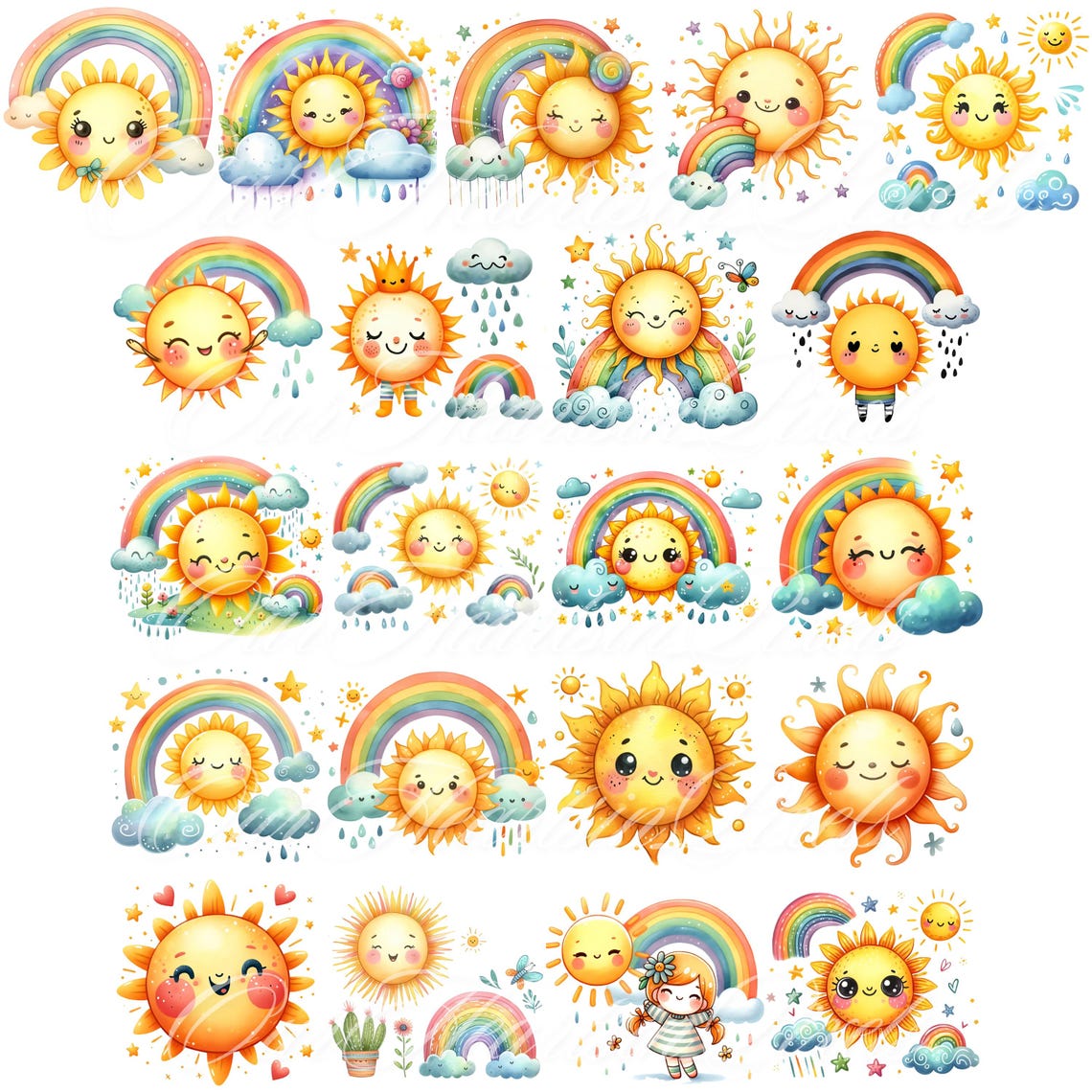 Cute Sun Clipart Bundle 21 PNG Water Color Clipart Happy Sun Kids ...