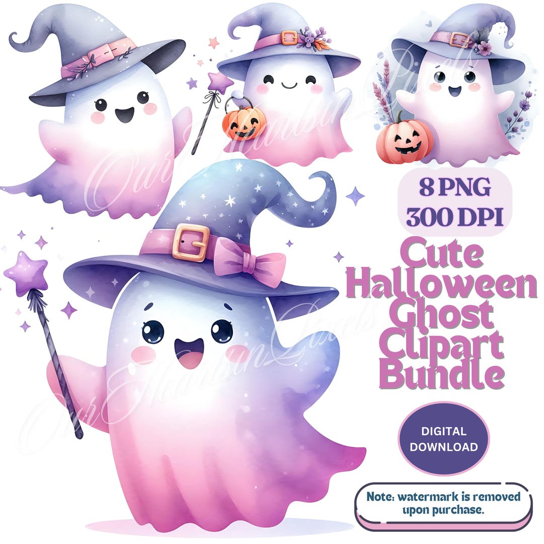 Cute Halloween Ghost Clipart Bundle 8 PNG 300 DPI Spooky Season Ghostly ...