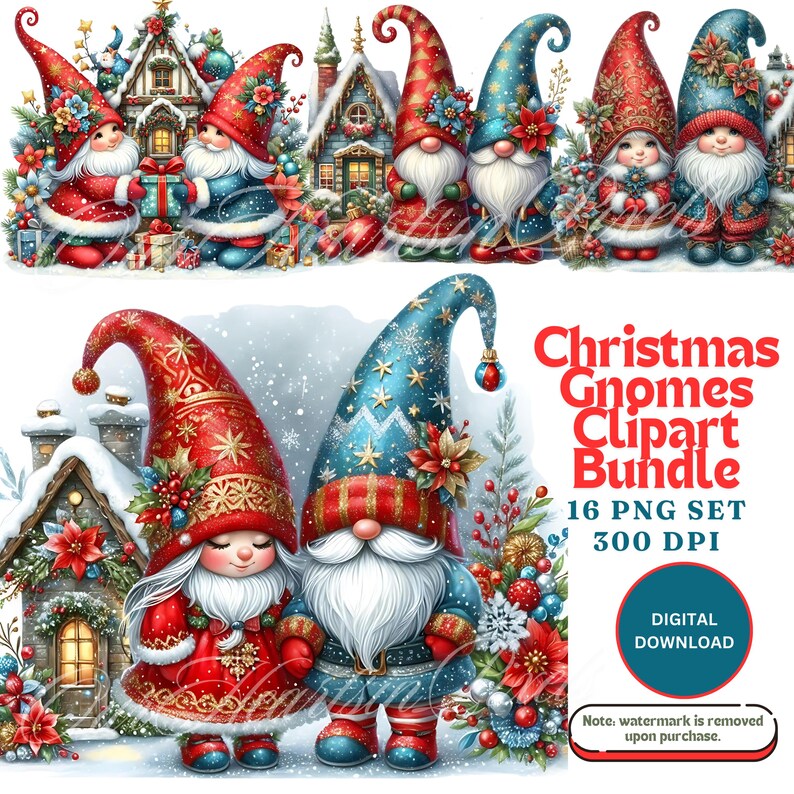 Festive Christmas Gnomes Clipart Bundle 16 PNG 300 DPI Gnomee Clipart ...