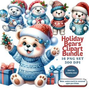 Christmas Bears in Sweater Clipart Bundle 16 PNG 300 DPI Holiday ...