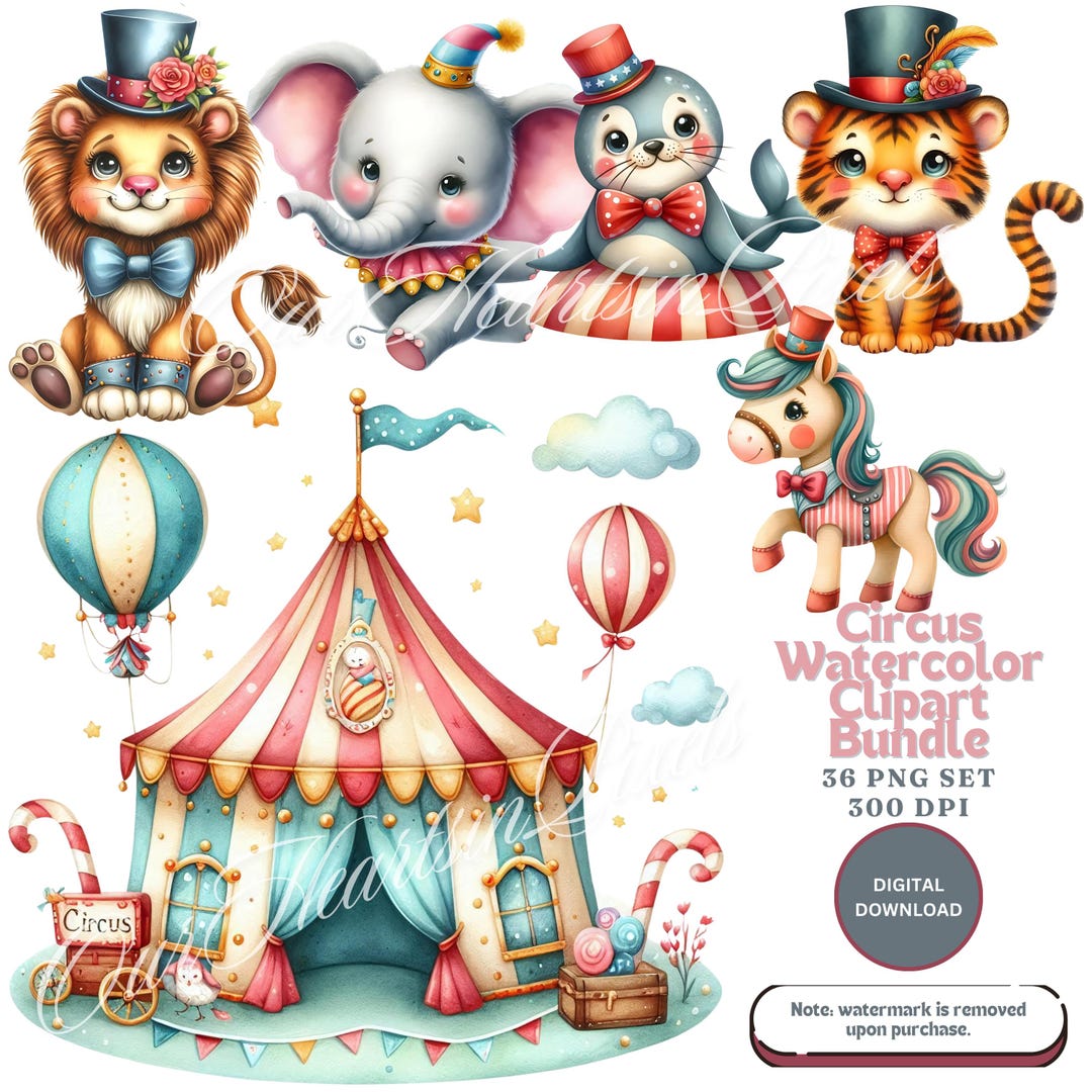 Circus Watercolor Clipart Set 36 PNG Animals Illustration Clown ...