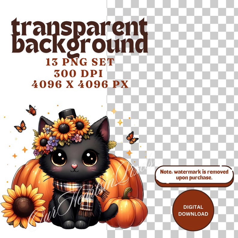 Fall Pumpkin With Kawaii Black Cat PNG Thanksgiving Autumn Fall Clipart ...
