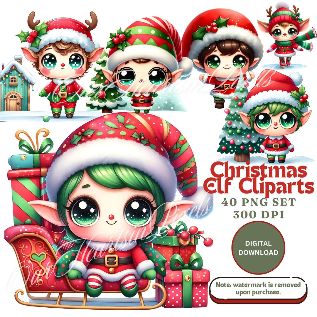 Christmas Elf Clipart Bundle 40 PNG, Cute Holiday Graphics, Santa's ...