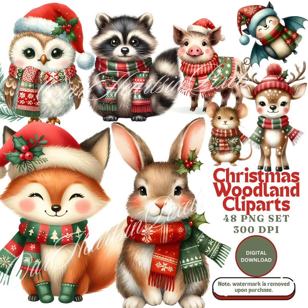 Christmas Woodland Animals Clipart Bundle 48 PNG, Holiday Digital ...