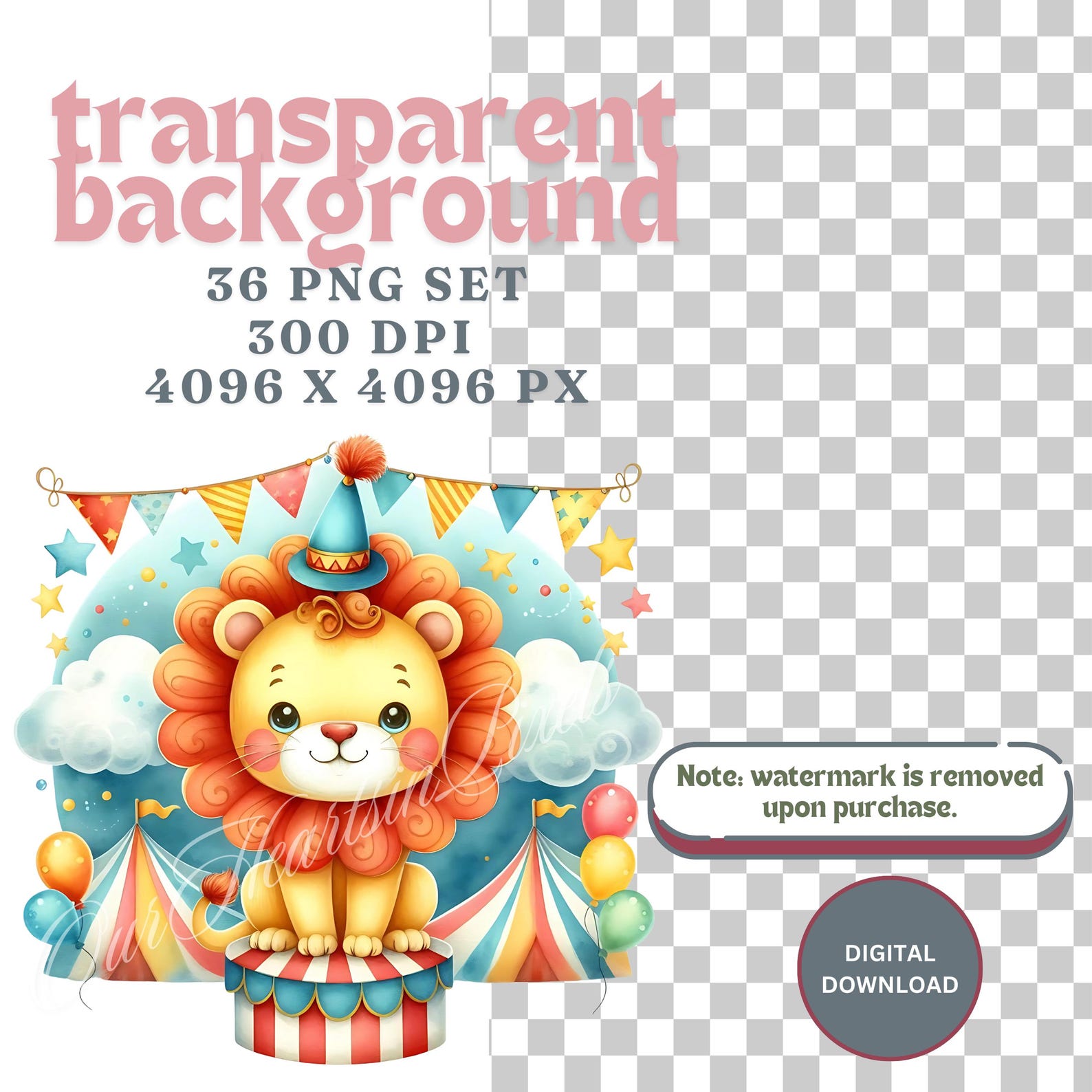 Circus Watercolor Clipart Set 36 PNG Animals Illustration Clown ...