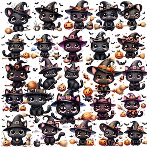 Halloween Kawaii Black Cat Witch Clipart Bundle of 24 PNG 300DPI Spooky ...