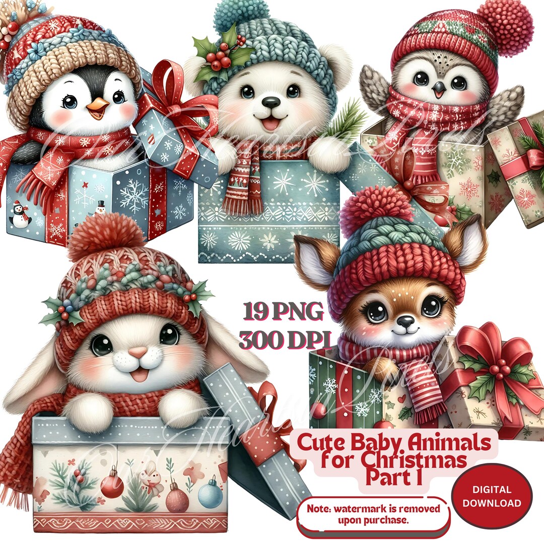 Christmas Baby Animals Clipart Bundle 19 PNG | Cute Holiday Clip Art ...