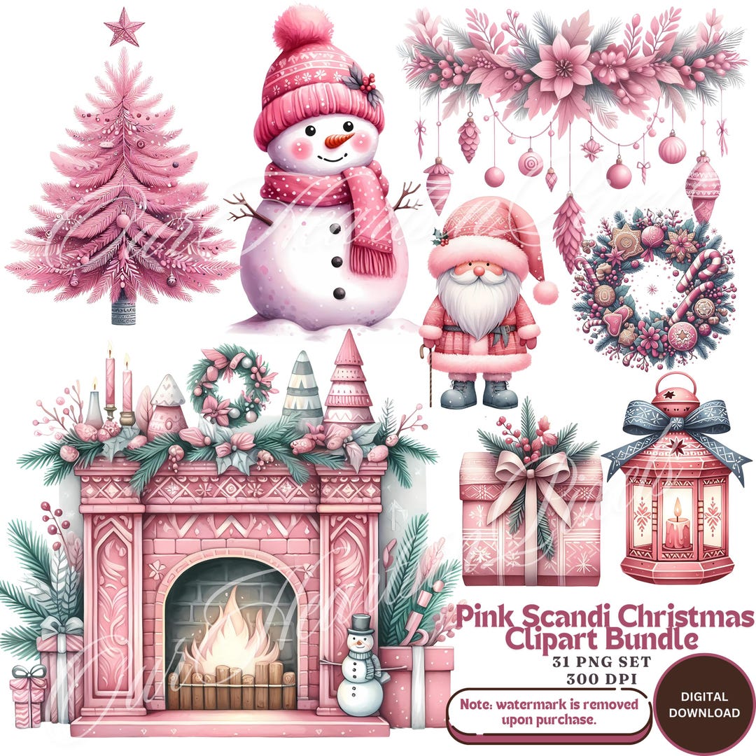 Pink Christmas Clipart Bundle 31 PNG| Cozy Scandinavian Holiday Clip ...