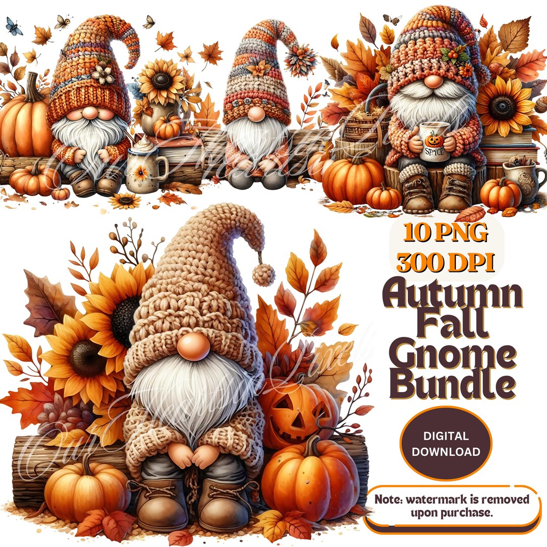 Autumn Gnome Clipart Bundle 10 PNG Watercolor Hello Fall Gnome Clipart ...