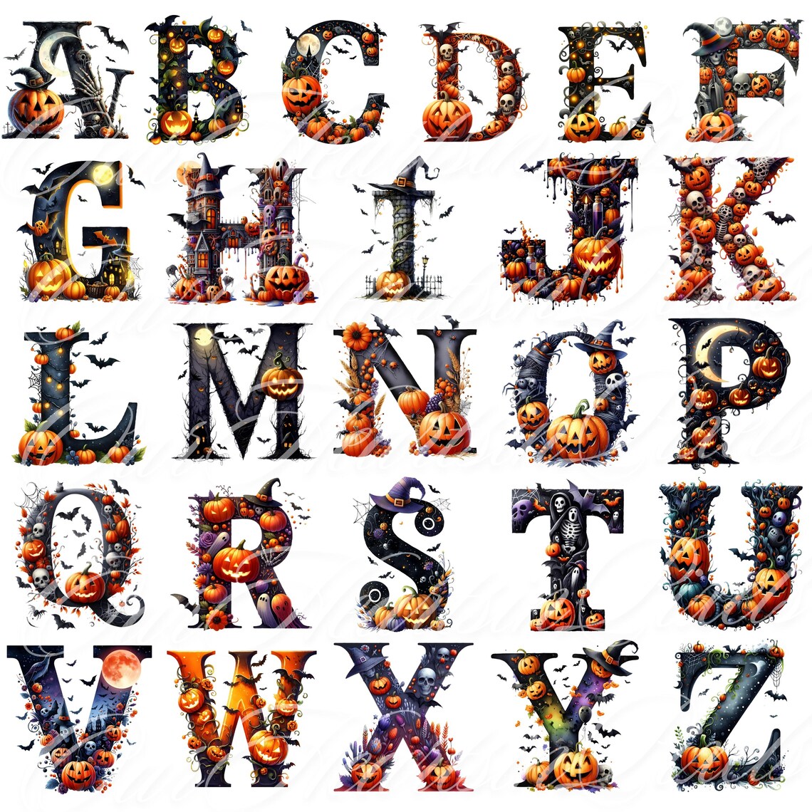 Halloween Alphabet Clipart Bundle 26 PNG | Spooky & Fun Letter Designs ...