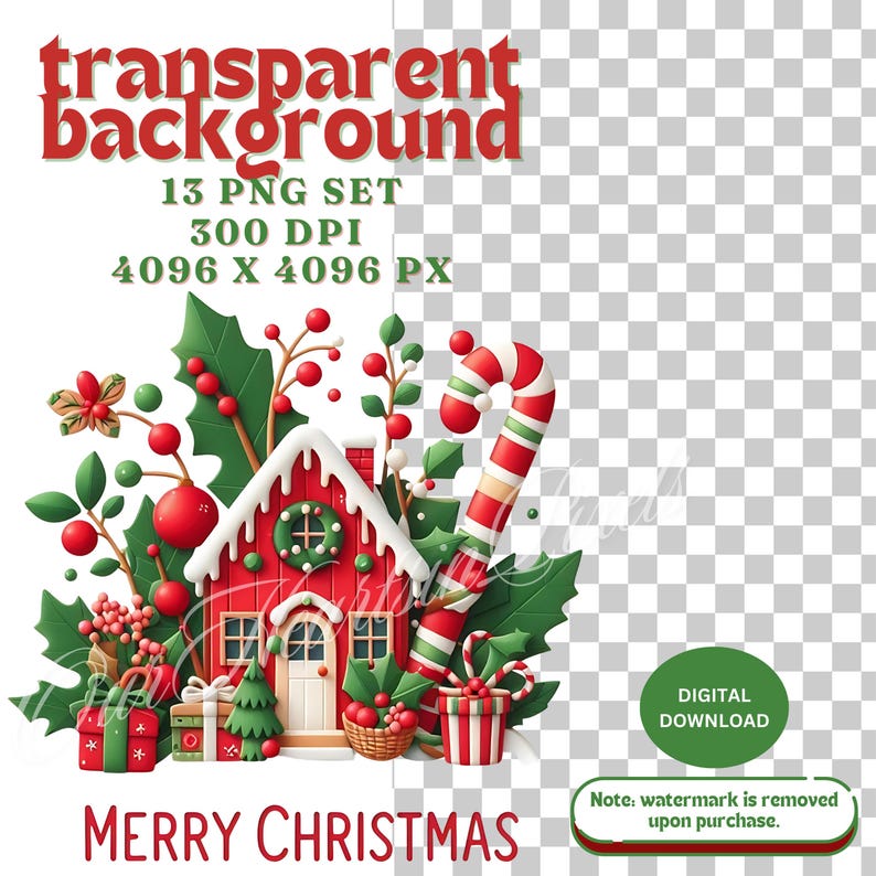 Christmas Clipart Bundle 13 PNG 300DPI Watercolor Clipart Festive PNG ...