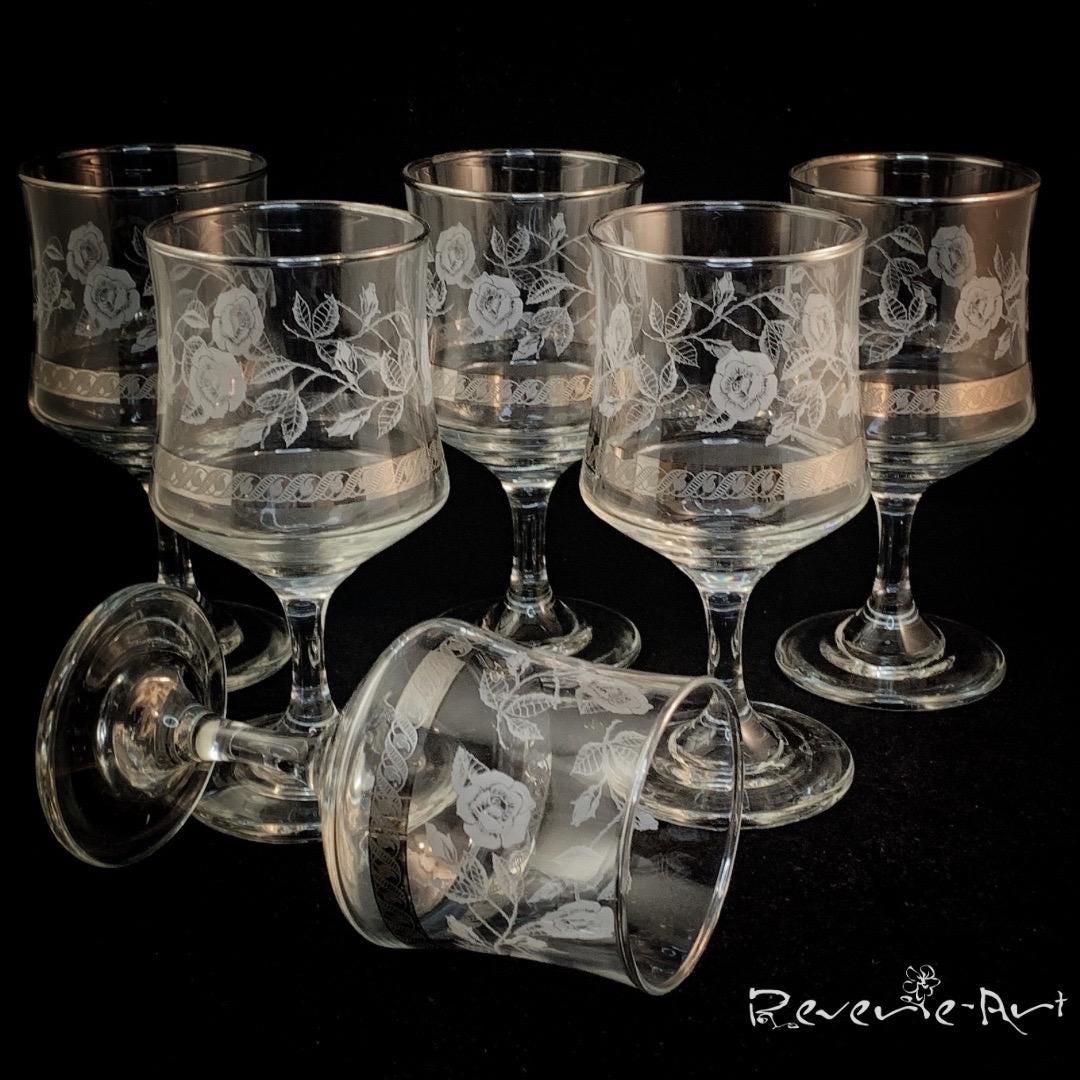 6 Vintage C1970 Dema Silver Rose White Sherry Glasses, Etched Rose ...