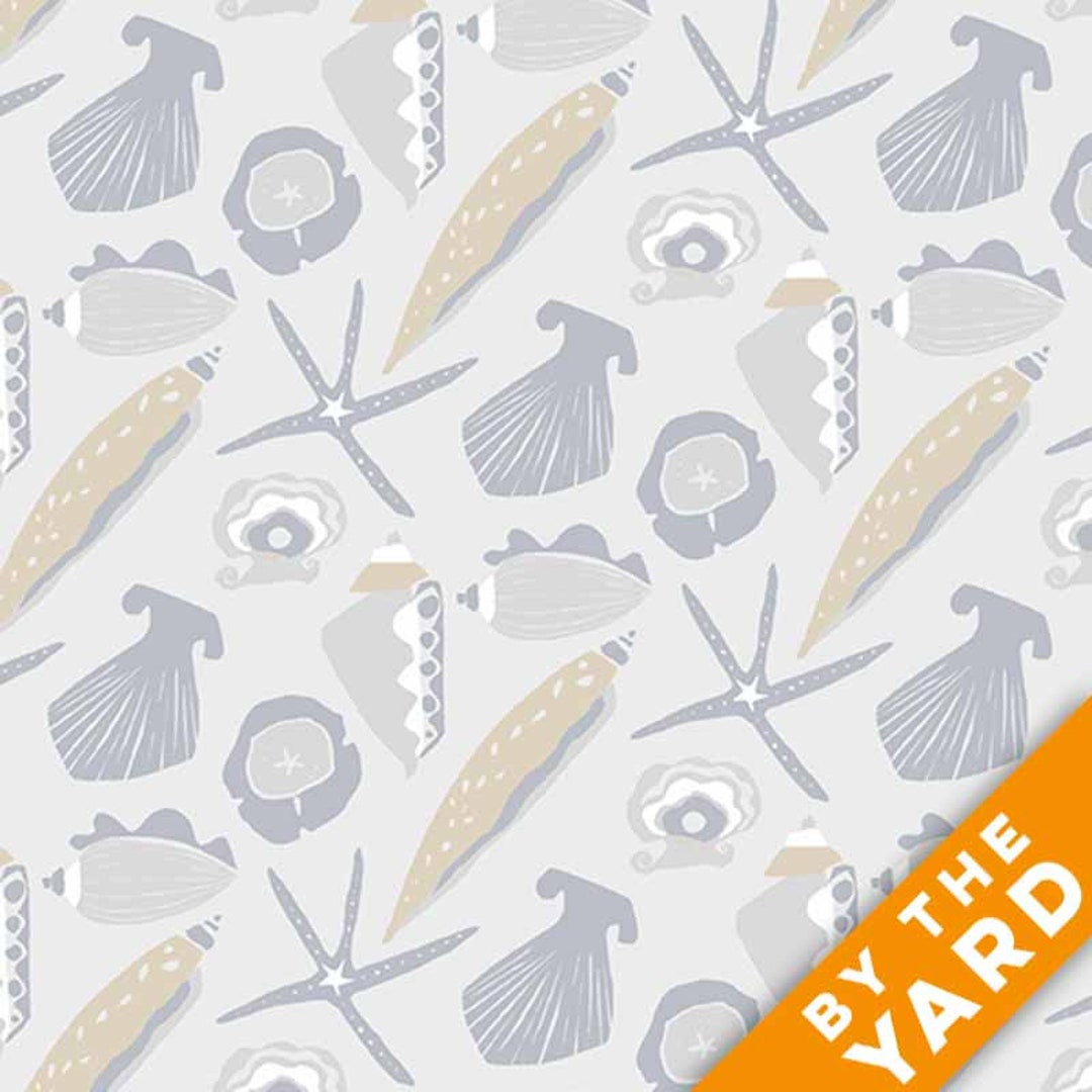 Sea Fabric, Ocean Fabric, Seashell Fabric, by the Sea, Shells on Gray ...