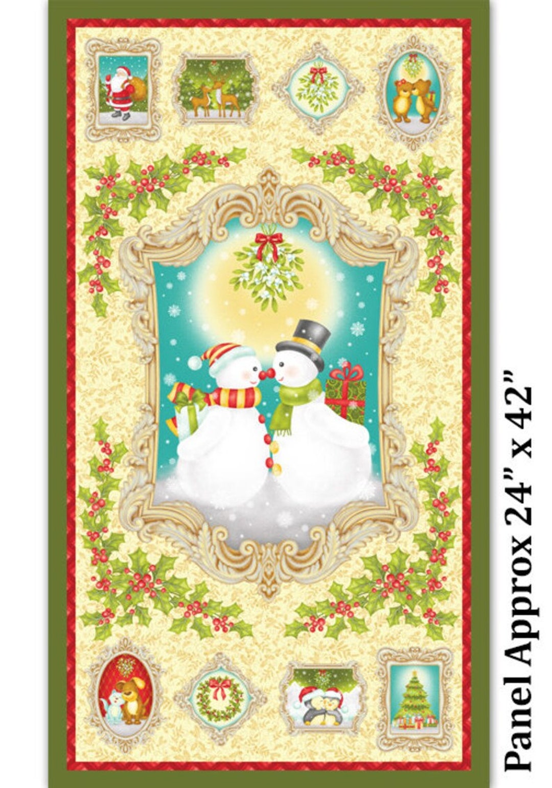 Christmas Fabric Panel: Kissing Snowmen, Mistletoe, Vintage Style by ...