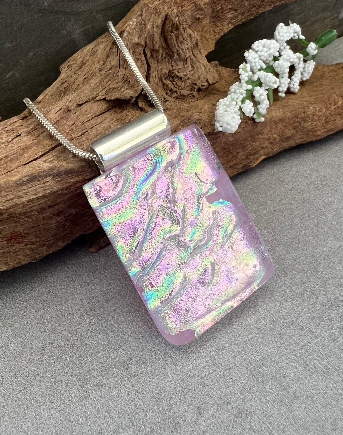 Pink Ripple Dichroic Fused Glass Pendant W/necklace Fused - Etsy