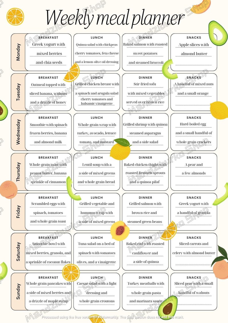 A Healthy Meal Planner for a Week - Etsy