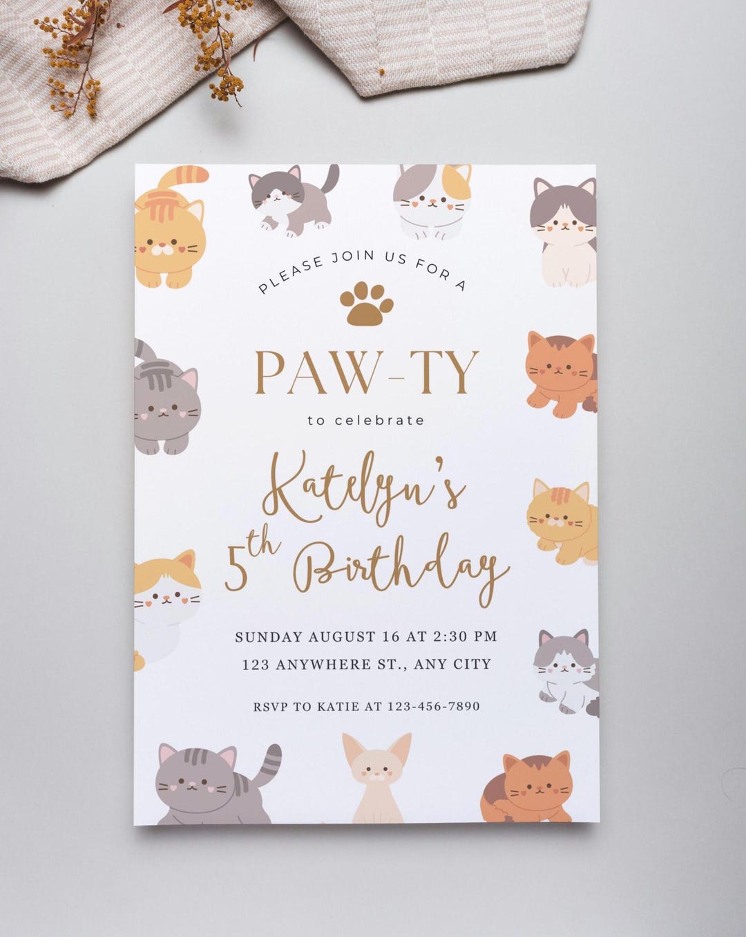 Editable Cat Birthday Invitation, Kitten Birthday Invite Template, Cat ...