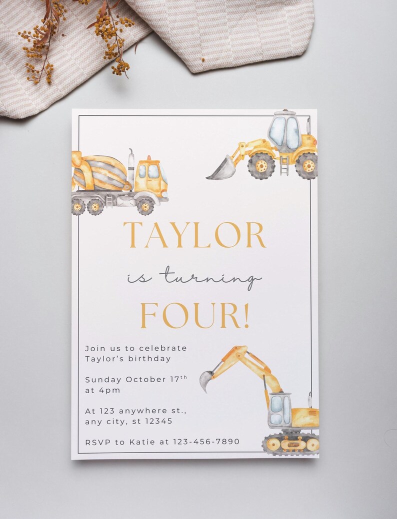 Editable Construction Birthday Invitation, Construction Vehicles ...