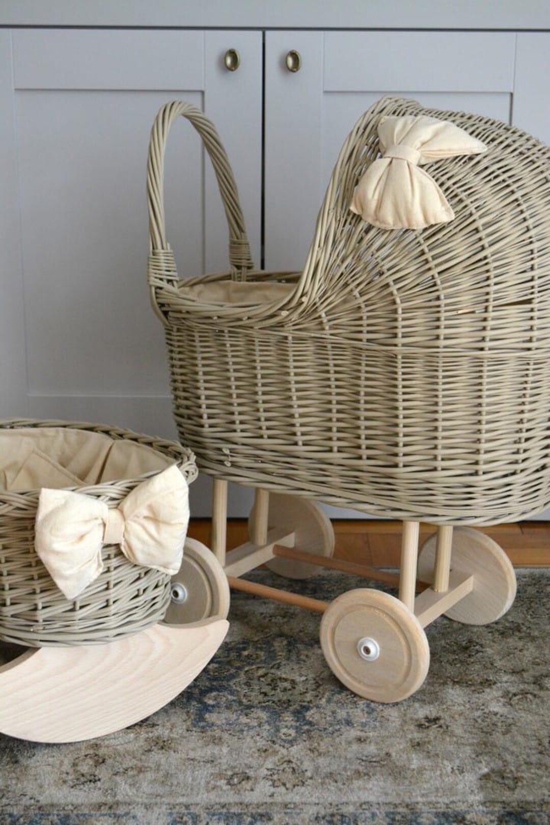 Wicker Doll Pram and Cradle Set, Handmade Baby Doll Stroller and ...