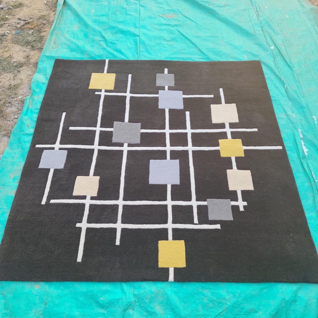 Modern Geometric Tufted Rug With Abstract Grid & Pastel Squares ...