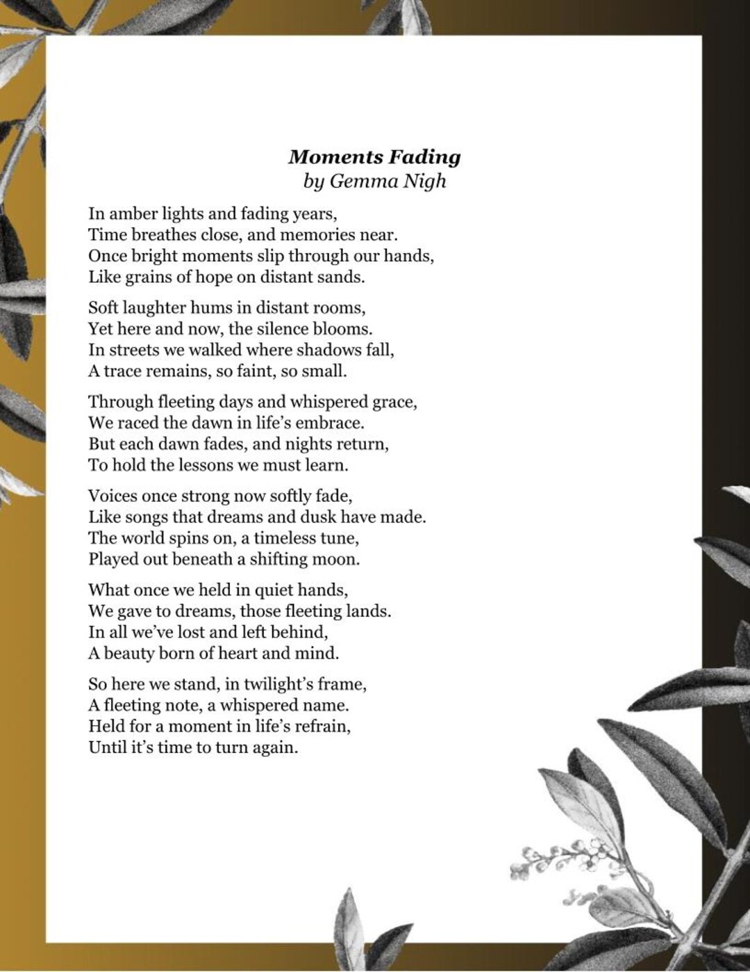 Moments Fading Poem on Time and Reflection by Gemma Nigh Printable PDF ...