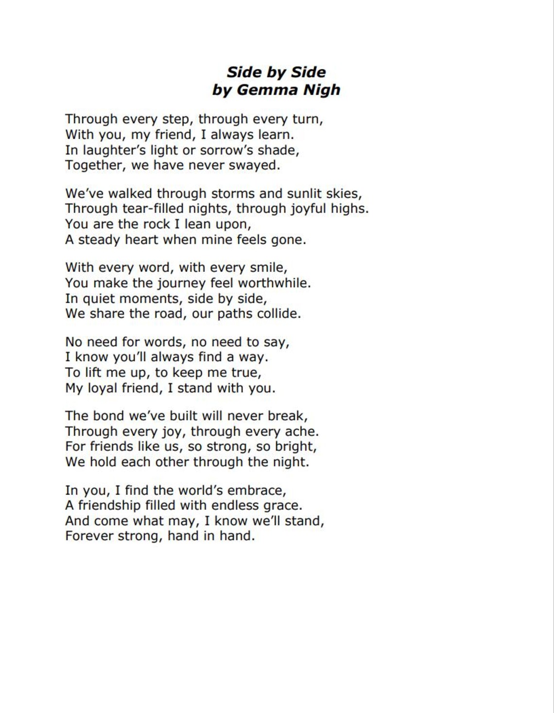Side by Side Friendship and Loyalty Poem PDF Print by Gemma Nigh - Etsy