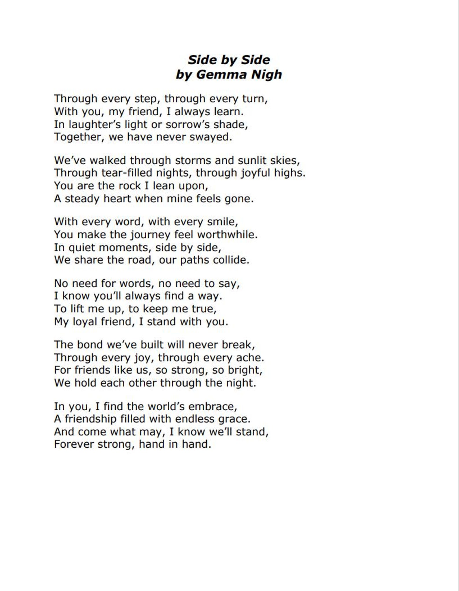 Side by Side Friendship and Loyalty Poem PDF Print by Gemma Nigh - Etsy