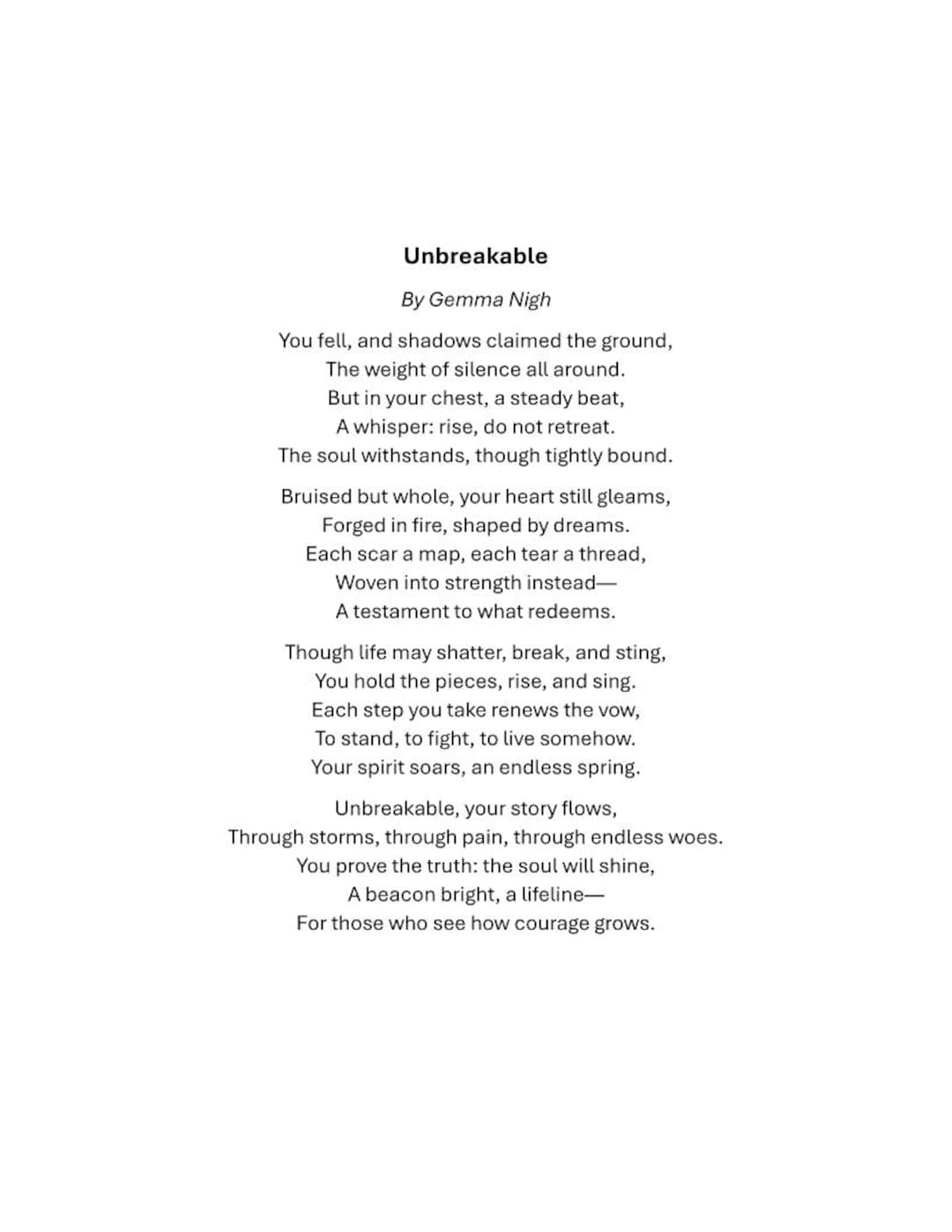 Unbreakable by Gemma Nigh Inspirational Poem Digital Download - Etsy