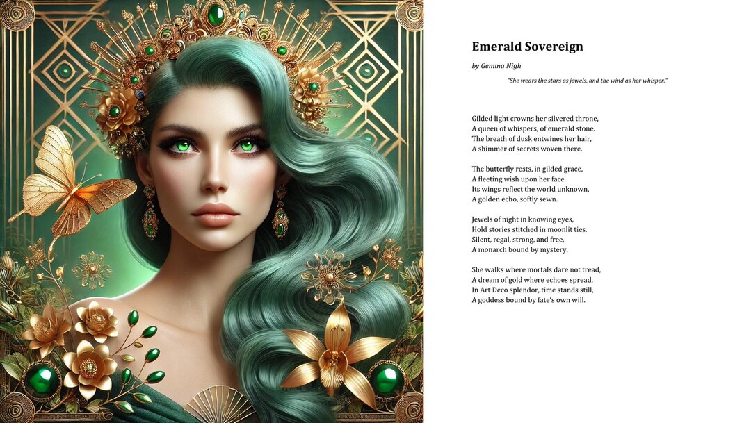 Emerald Sovereign Art Deco Fantasy Poem and PNG Image Digital Download ...