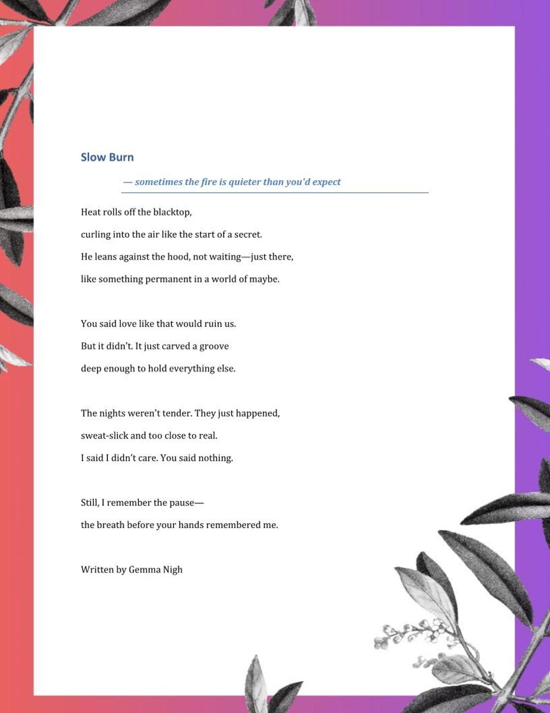 Slow Burn Poem Printable | Love and Longing Poem Wall Art | Emotional ...