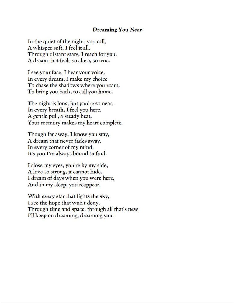 Dreaming You Near Love and Romance Poem Digital PDF Download Heartfelt ...