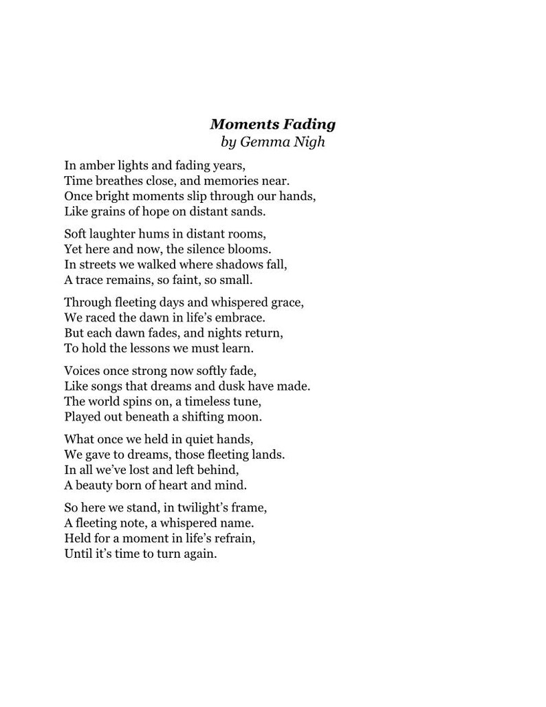 Moments Fading Poem on Time and Reflection by Gemma Nigh Printable PDF - Etsy