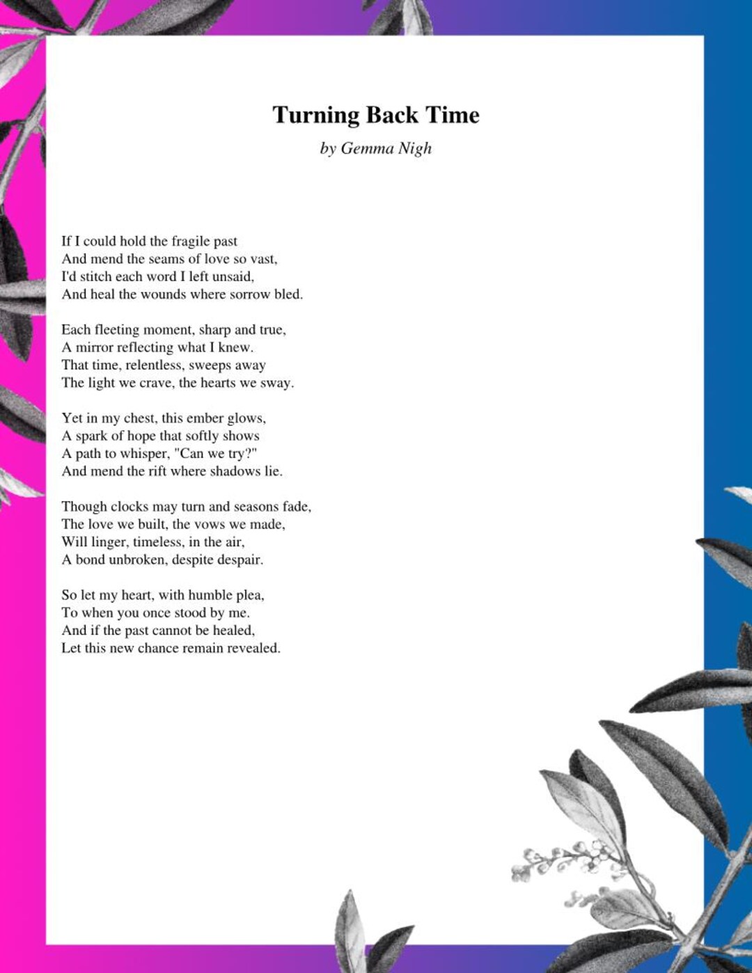 Turning Back Time Poem by Gemma Nigh Printable Poetry Art With Aurora ...