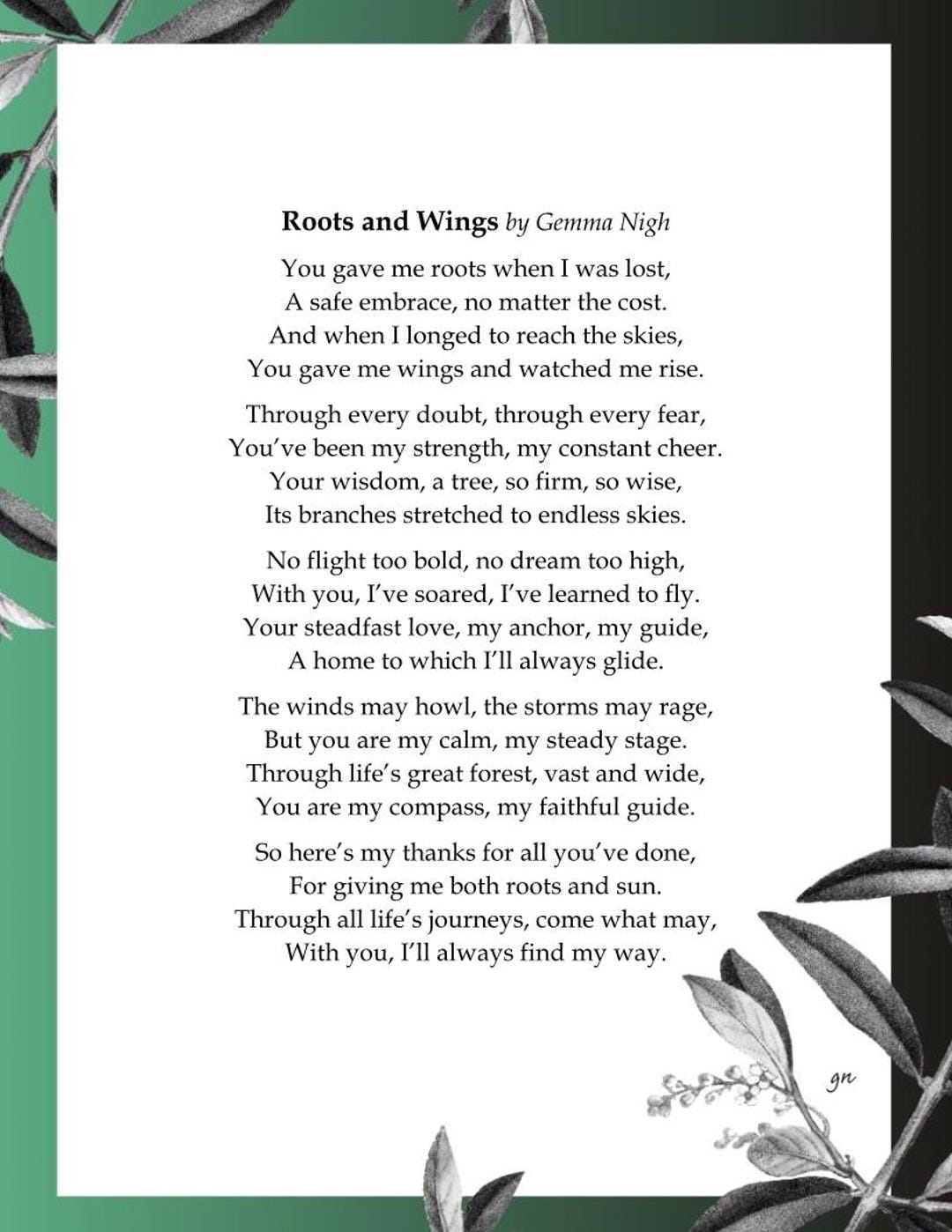 Roots and Wings Inspirational Friendship Poem by Gemma Nigh Printable ...