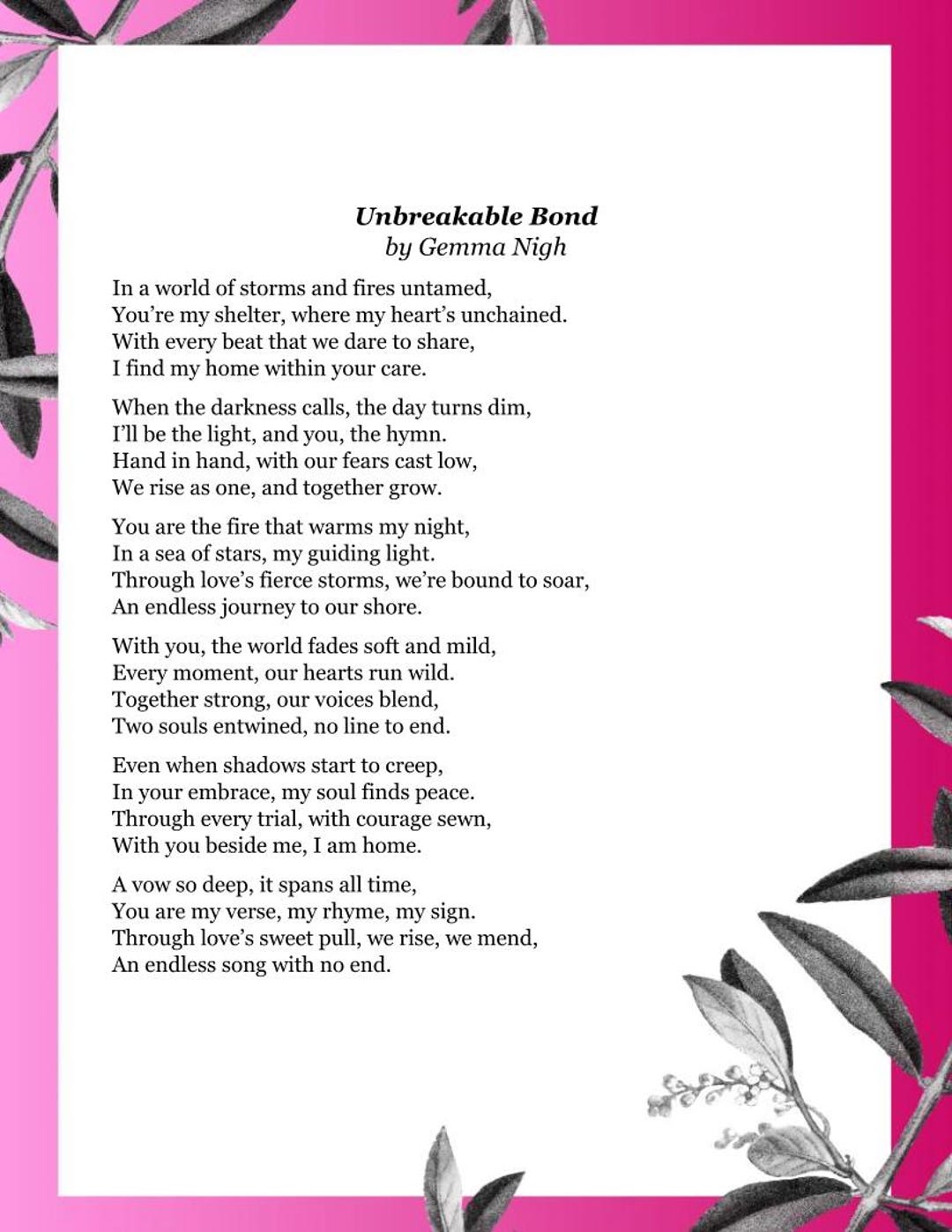 Unbreakable Bond Poem on Love and Devotion PDF Print by Gemma Nigh - Etsy