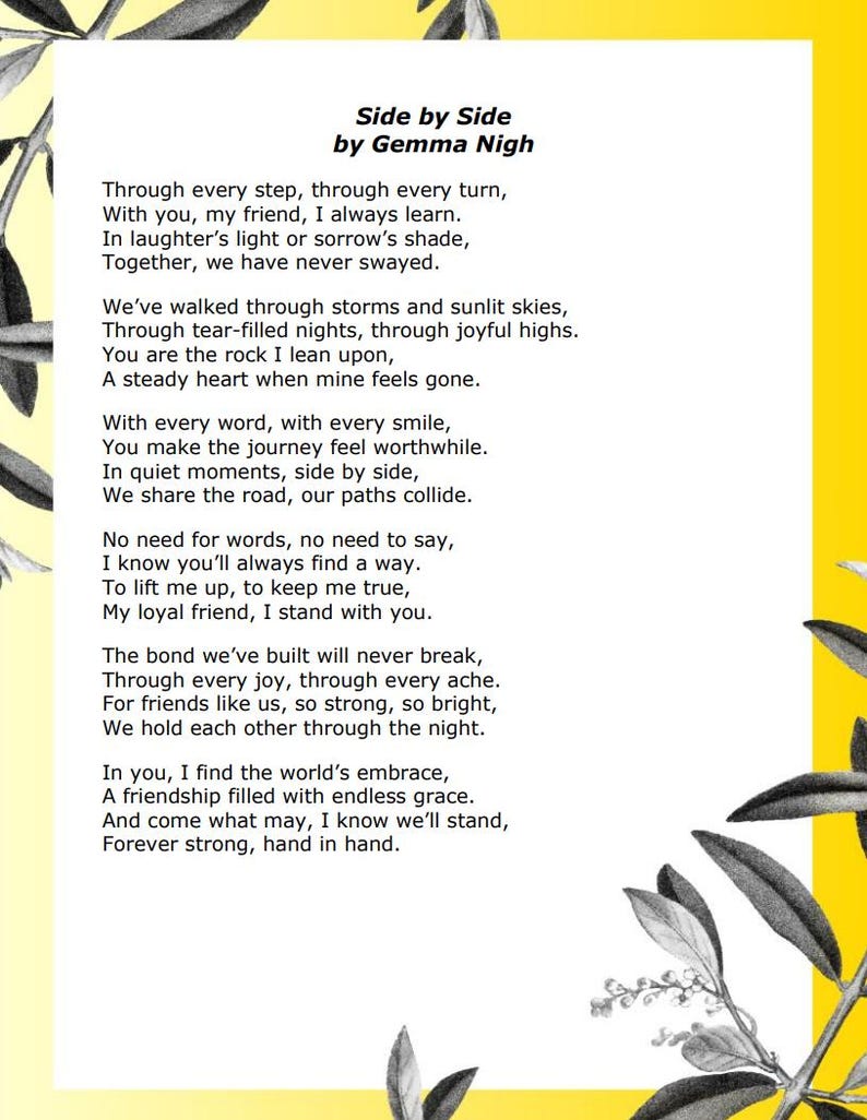 Side by Side Friendship and Loyalty Poem PDF Print by Gemma Nigh - Etsy