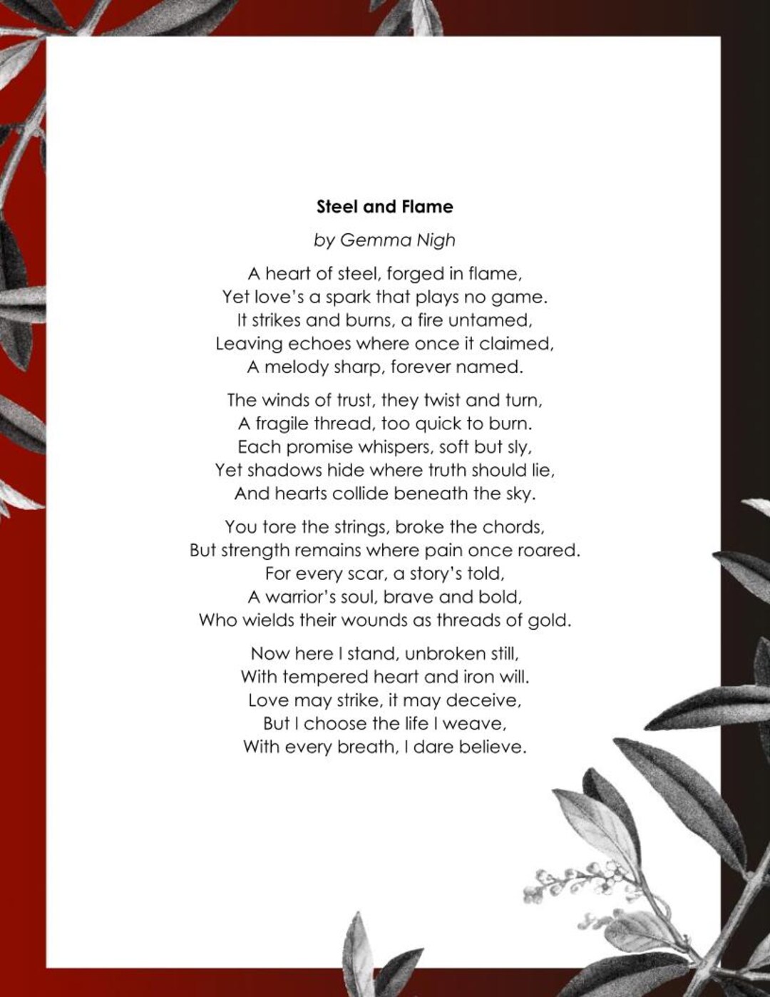 Steel and Flame Poem by Gemma Nigh Digital Download Inspirational and ...
