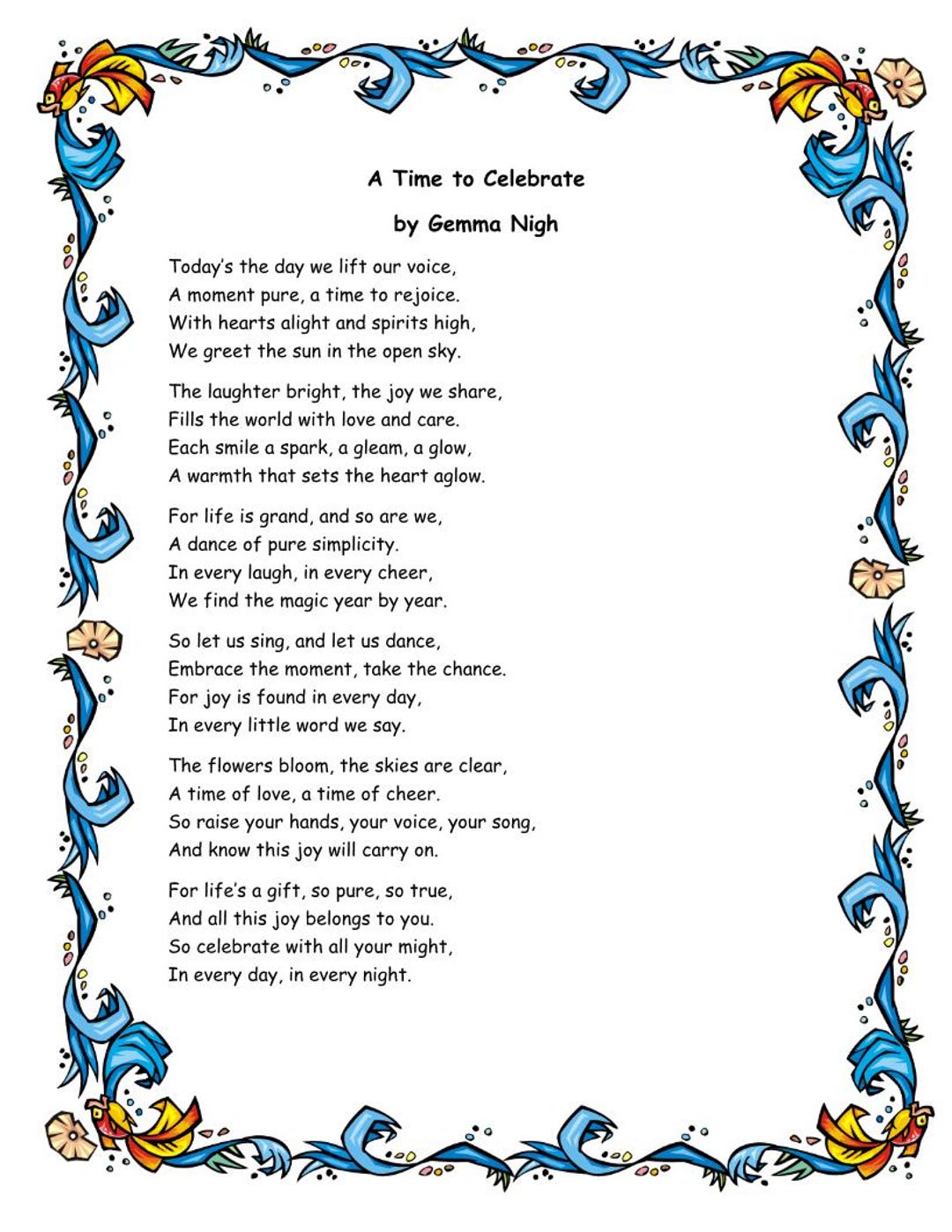 A Time to Celebrate Joy and Celebration Poem by Gemma Nigh Printable ...