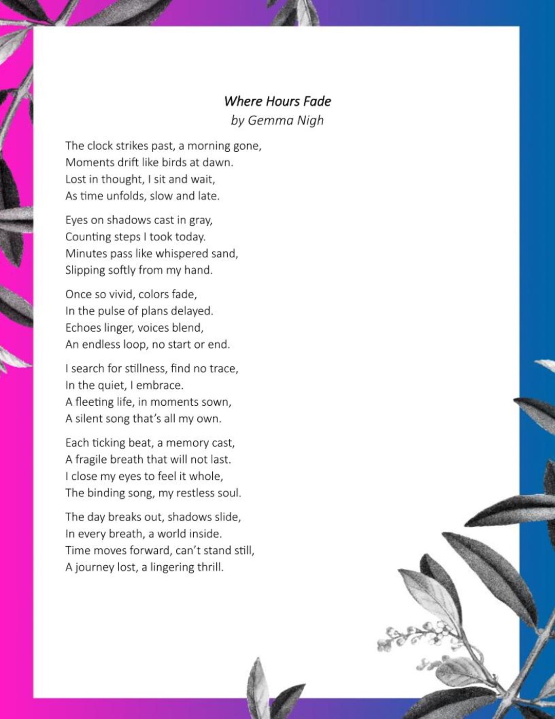 Where Hours Fade Poem on Time and Reflection by Gemma Nigh Printable ...