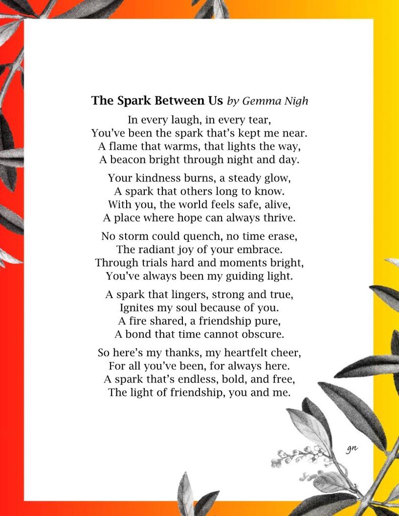 The Spark Between Us Friendship Poem by Gemma Nigh Printable PDF - Etsy