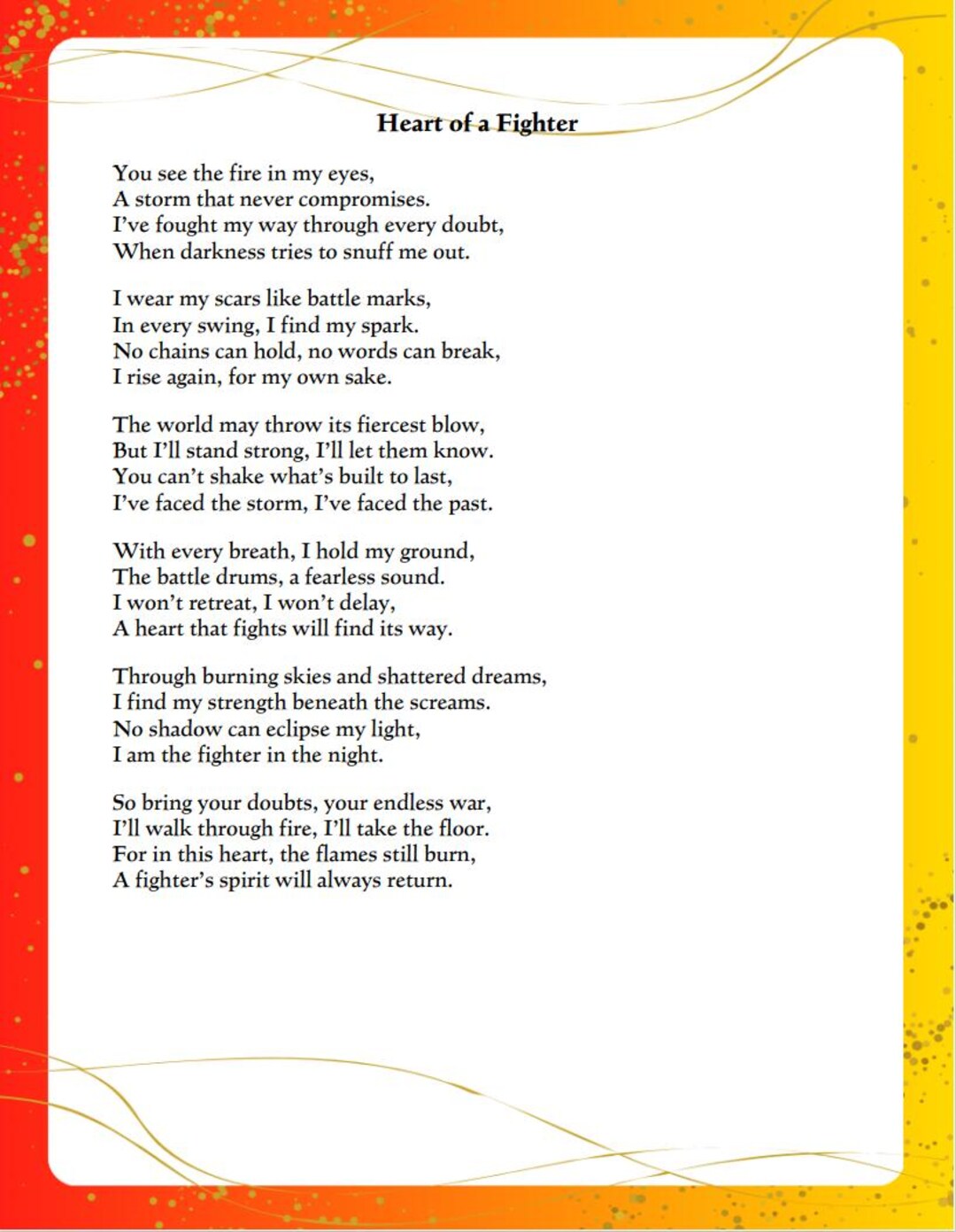 Heart of a Fighter Poem on Strength and Resilience Digital PDF Download ...