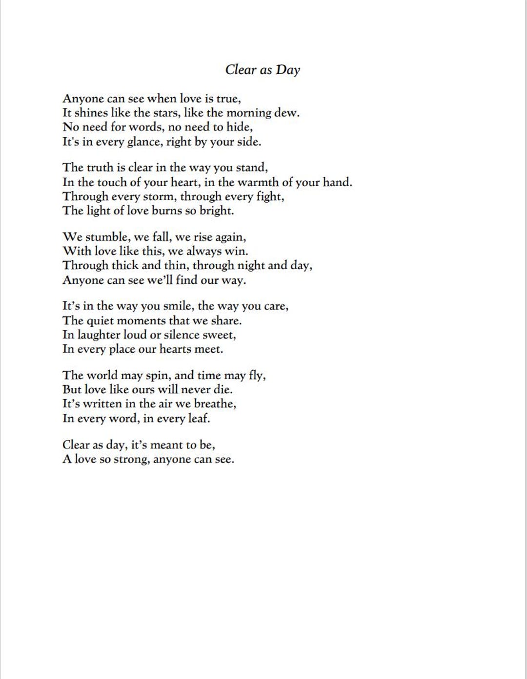 Clear as Day Romantic Love Poem Digital PDF Download Inspirational Wall ...