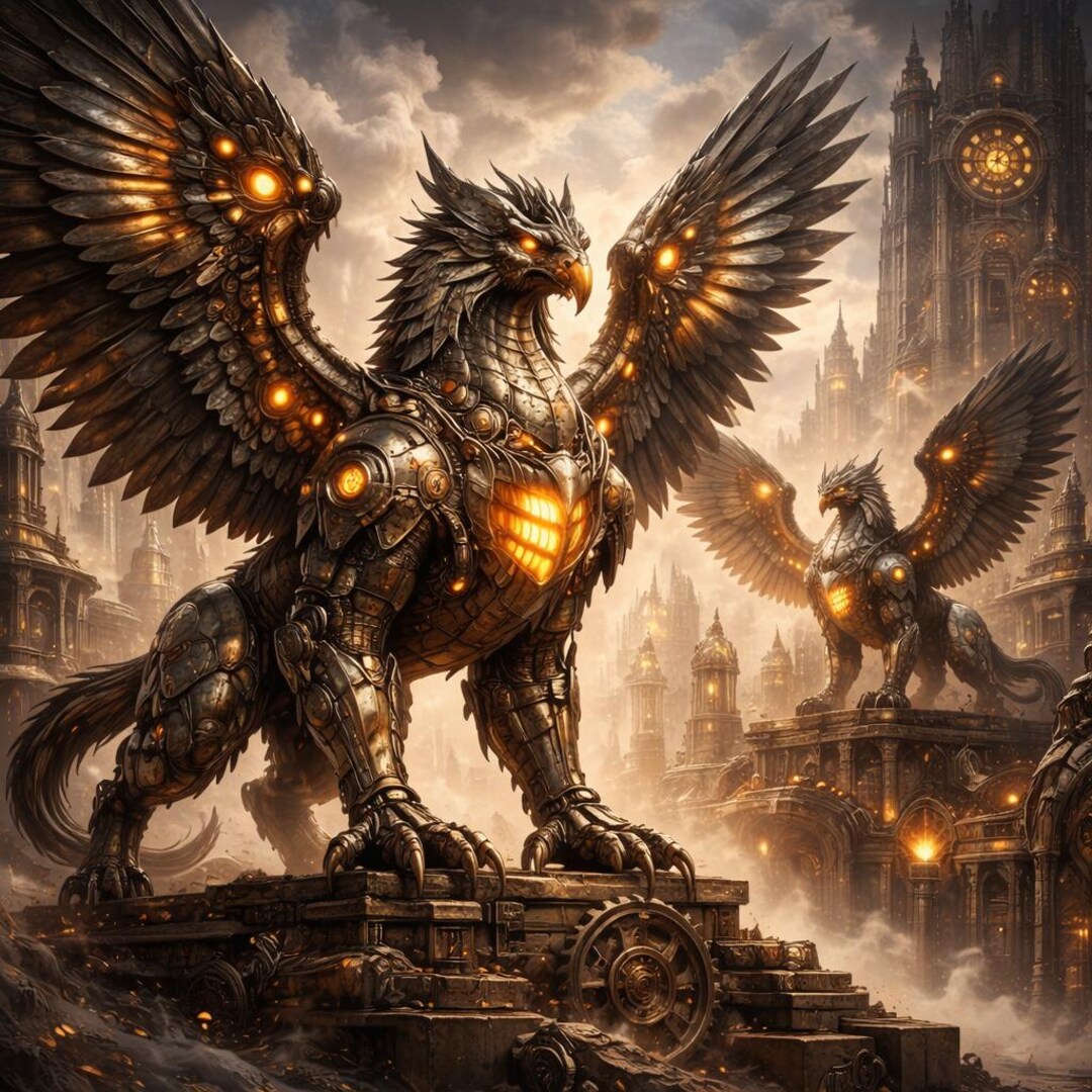 Clockwork Sentinels of the Gilded Sky Steampunk Griffin Art - Etsy