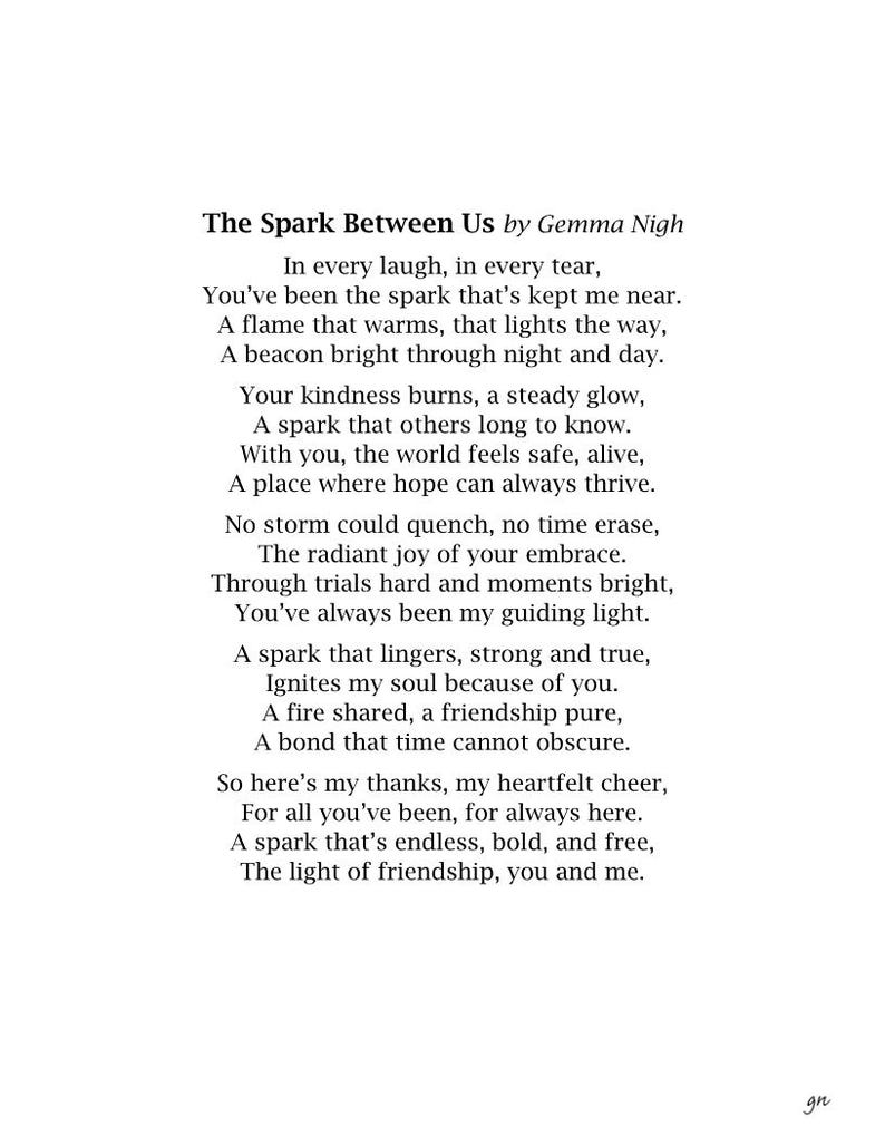 The Spark Between Us Friendship Poem by Gemma Nigh Printable PDF - Etsy