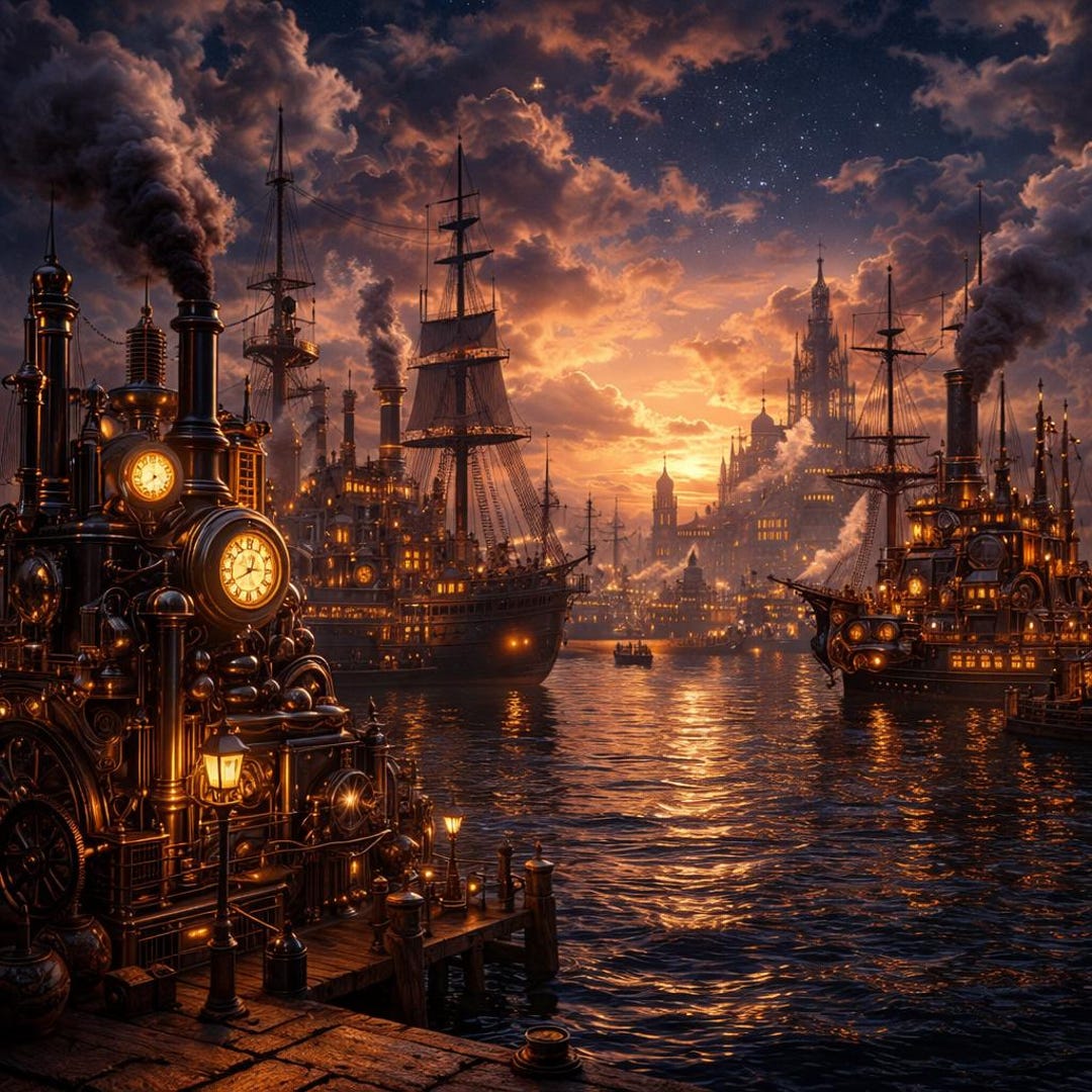 Steampunk Armada Harbor Art Print – Victorian Fantasy Seascape (digital ...