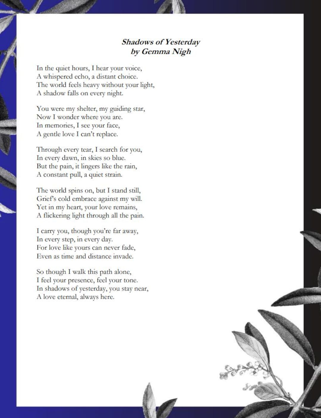 Shadows of Yesterday Grief and Loss Poem PDF Print by Gemma Nigh - Etsy